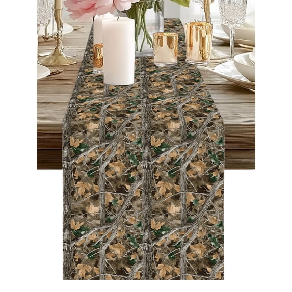 Burlap Table Runner 90 Inches Long, Modern Tree Branch Fallen Leaves ...