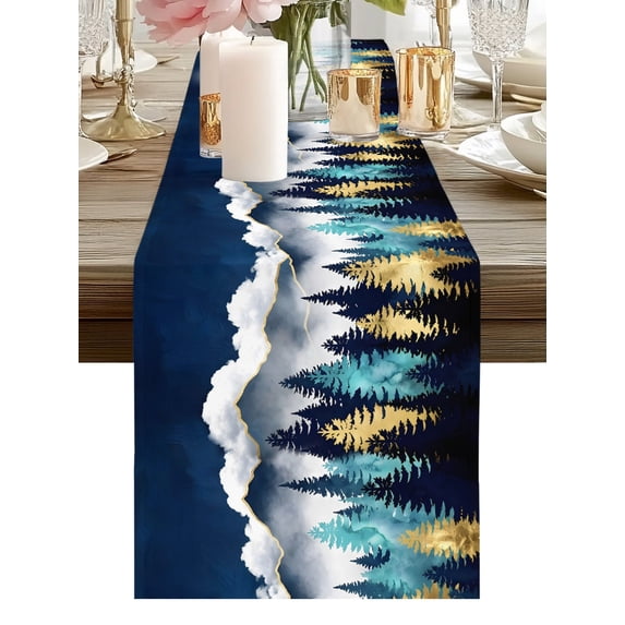 Burlap Table Runner 90 Inches Long, Moonlit Night Forest Mountains Non ...