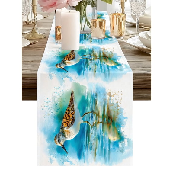 Burlap Table Runner 90 Inches Long, Natural Lake Bird Water Reflection ...
