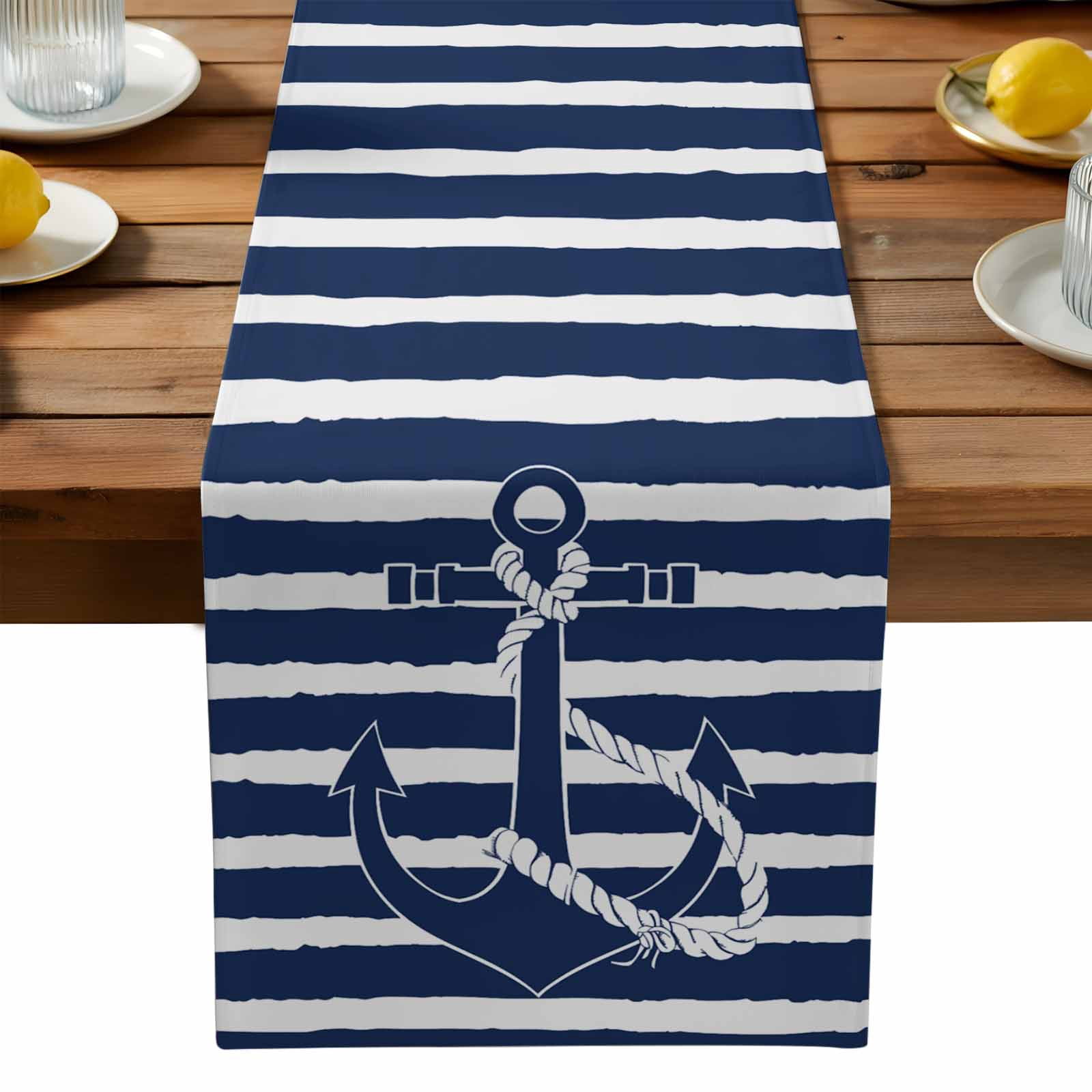 Burlap Table Runner 90 Inches Long,Nautical Anchor Striped Non-Slip ...