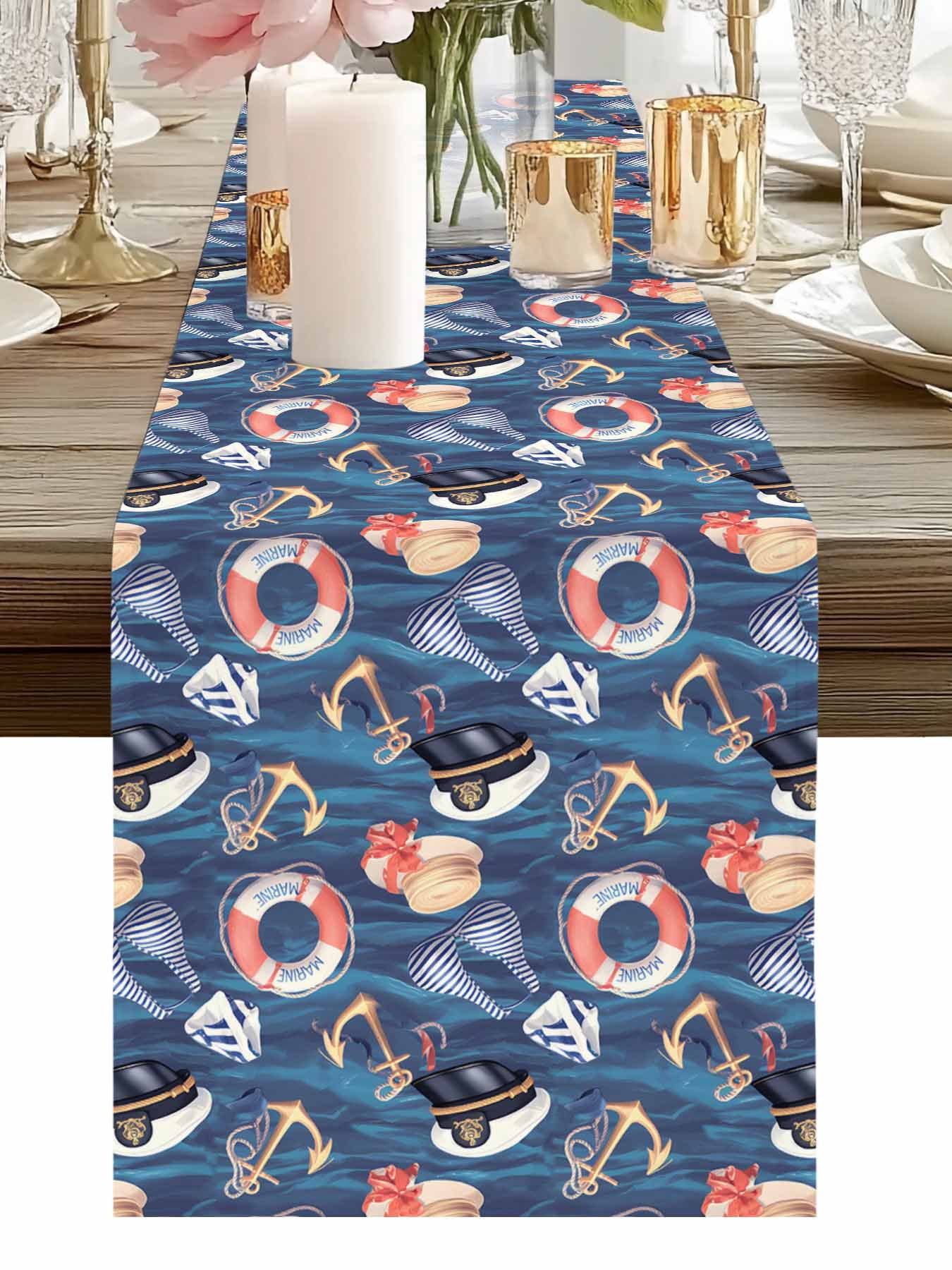 Burlap Table Runner 90 Inches Long, Nautical Anchor Swimsuit Navy Cap ...
