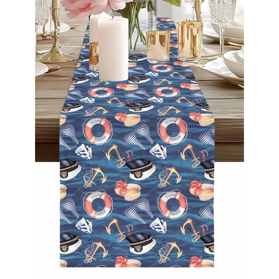 Burlap Table Runner 90 Inches Long, Nautical Anchor Swimsuit Navy Cap ...