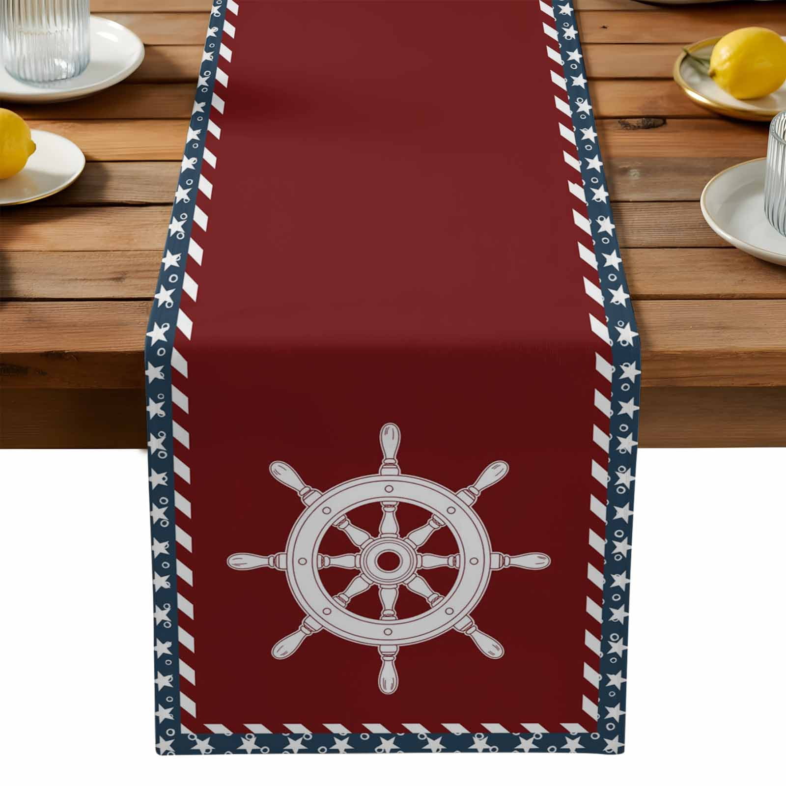 Burlap Table Runner 90 Inches Long,Nautical Rudder on Retro Red Non ...