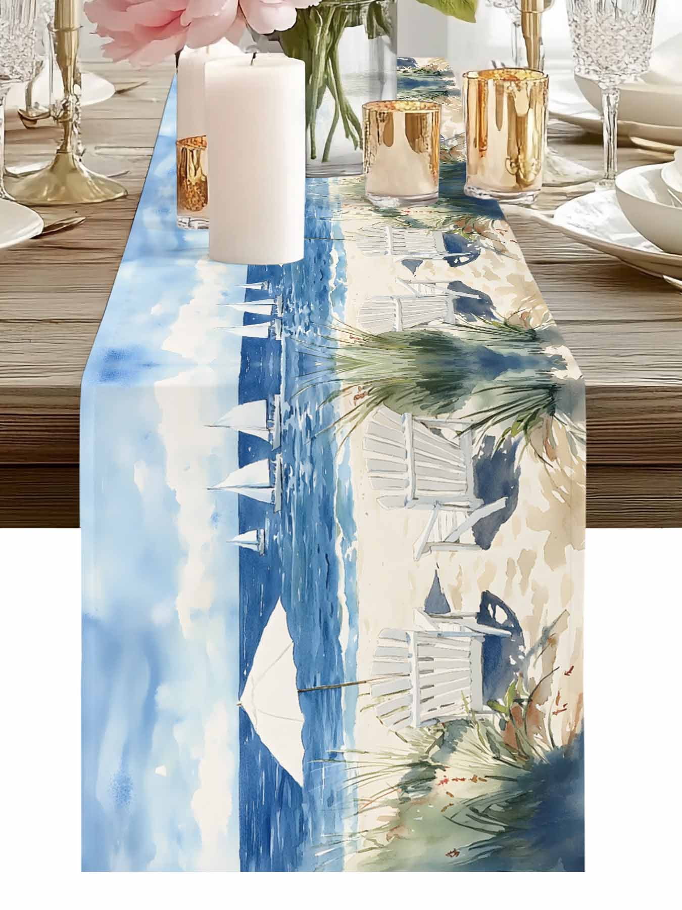 Burlap Table Runner 90 Inches Long, Ocean Beach Chair Sun Umbrella Non ...