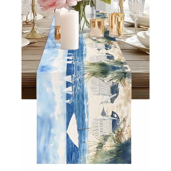 Burlap Table Runner 90 Inches Long, Ocean Beach Chair Sun Umbrella Non ...