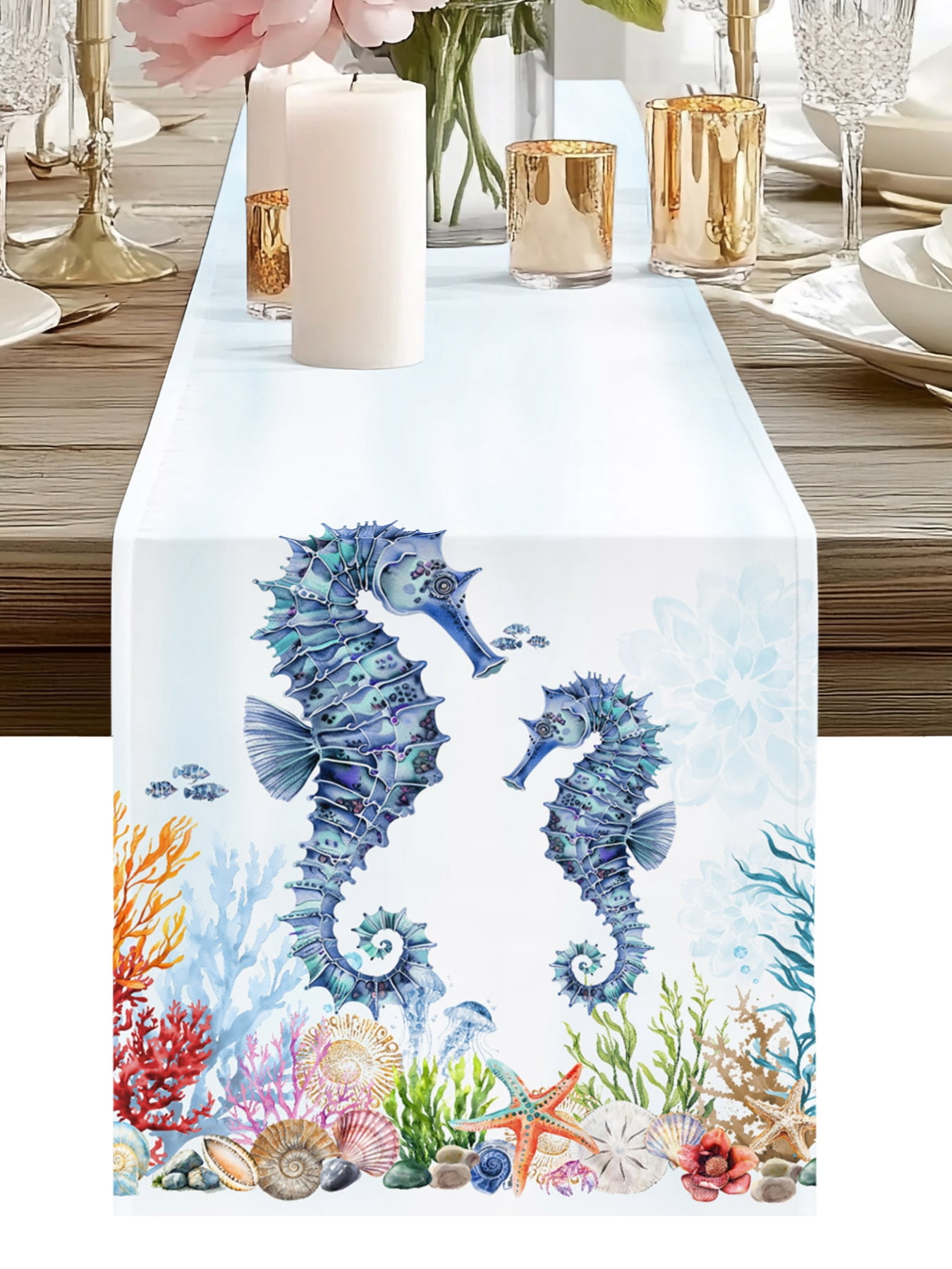 Burlap Table Runner 90 Inches Long, Ocean Blue Seahorse Shell Conch Non ...