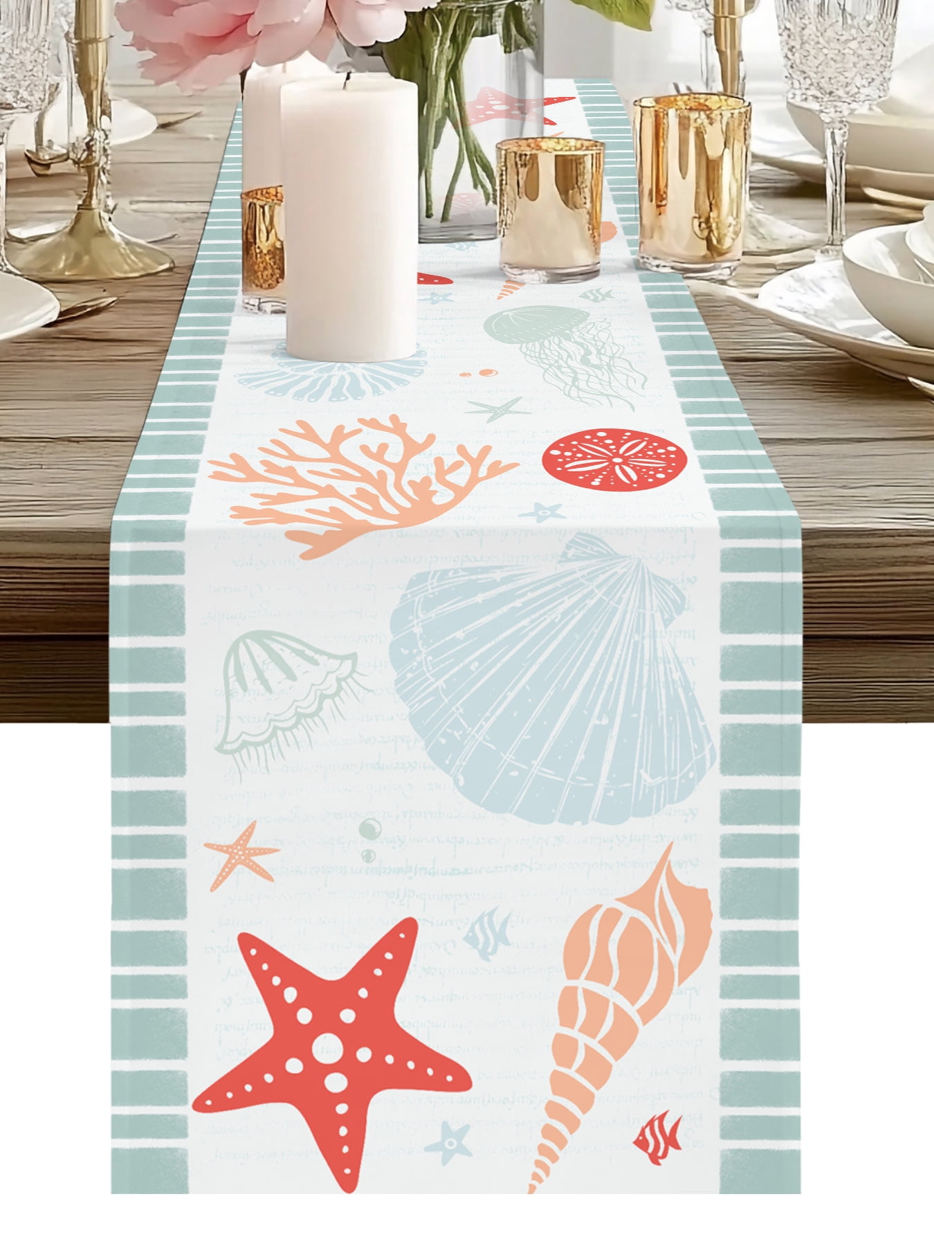 Burlap Table Runner 90 Inches Long, Ocean Coral Beach Shells Orange ...