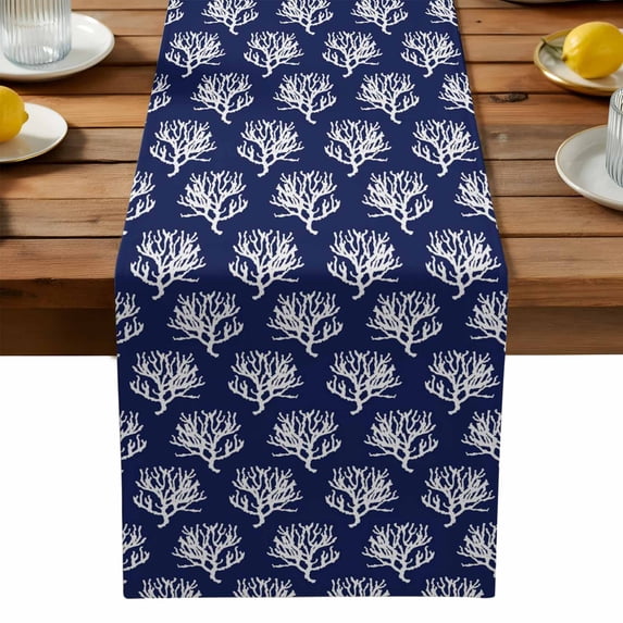 Burlap Table Runner 90 Inches Long, Ocean Coral Navy Blue Non-Slip ...