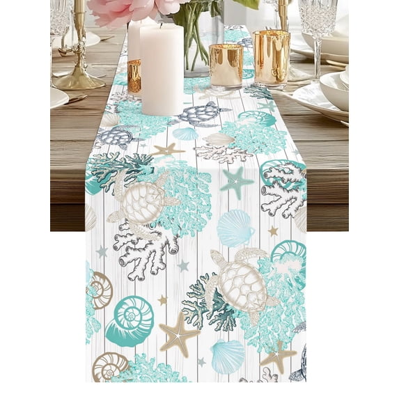 Burlap Table Runner 90 Inches Long, Ocean Marine Coral Turtle on Wooden ...