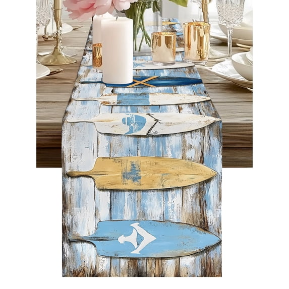 Burlap Table Runner 90 Inches Long, Ocean Nautical Theme Wood Grain Non ...