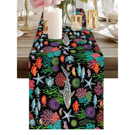 Burlap Table Runner 90 Inches Long, Ocean Shark Coral Starfish Seaweed ...