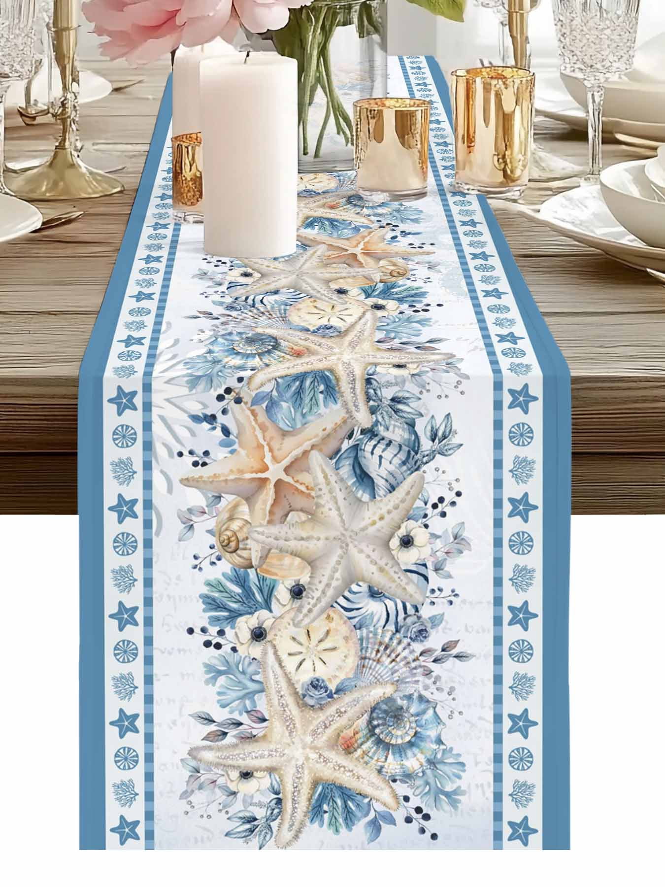 Burlap Table Runner 90 Inches Long, Ocean Starfish Eucalyptus Leaf Non ...