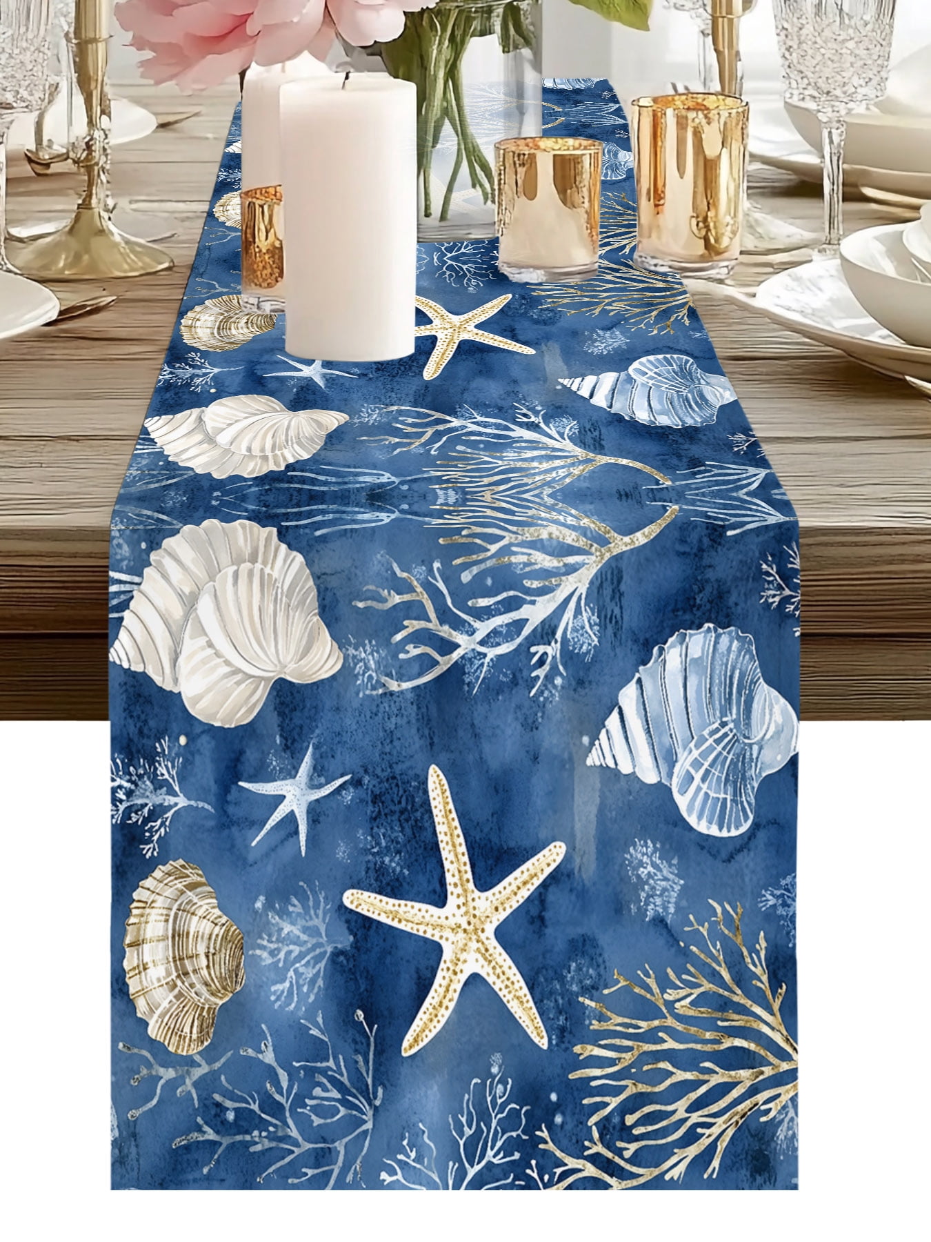 Burlap Table Runner 90 Inches Long, Ocean Starfish Seashell Waves Coral ...