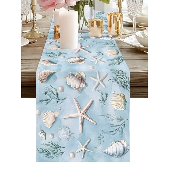 Burlap Table Runner 90 Inches Long, Ocean Starfish Shell Pearl Non-Slip ...