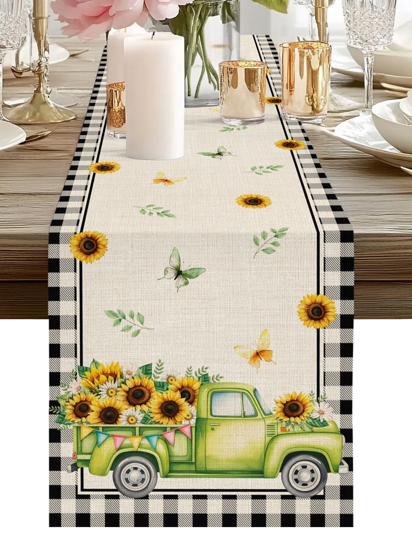 Burlap Table Runner 90 Inches Long, Pastoral Truck Flower Leaf ...
