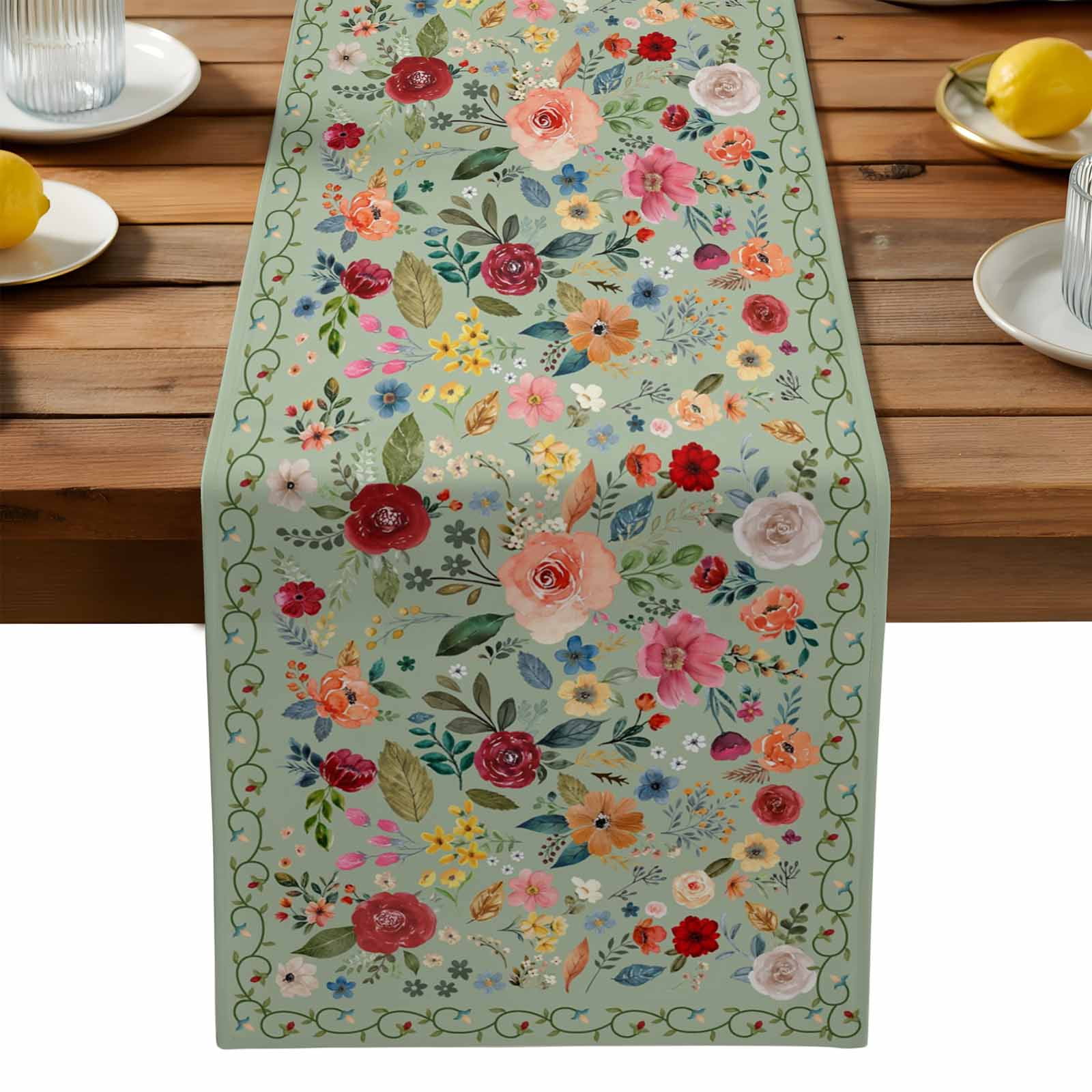 Burlap Table Runner 90 Inches Long,Pastoral Watercolor Flowers on Green ...