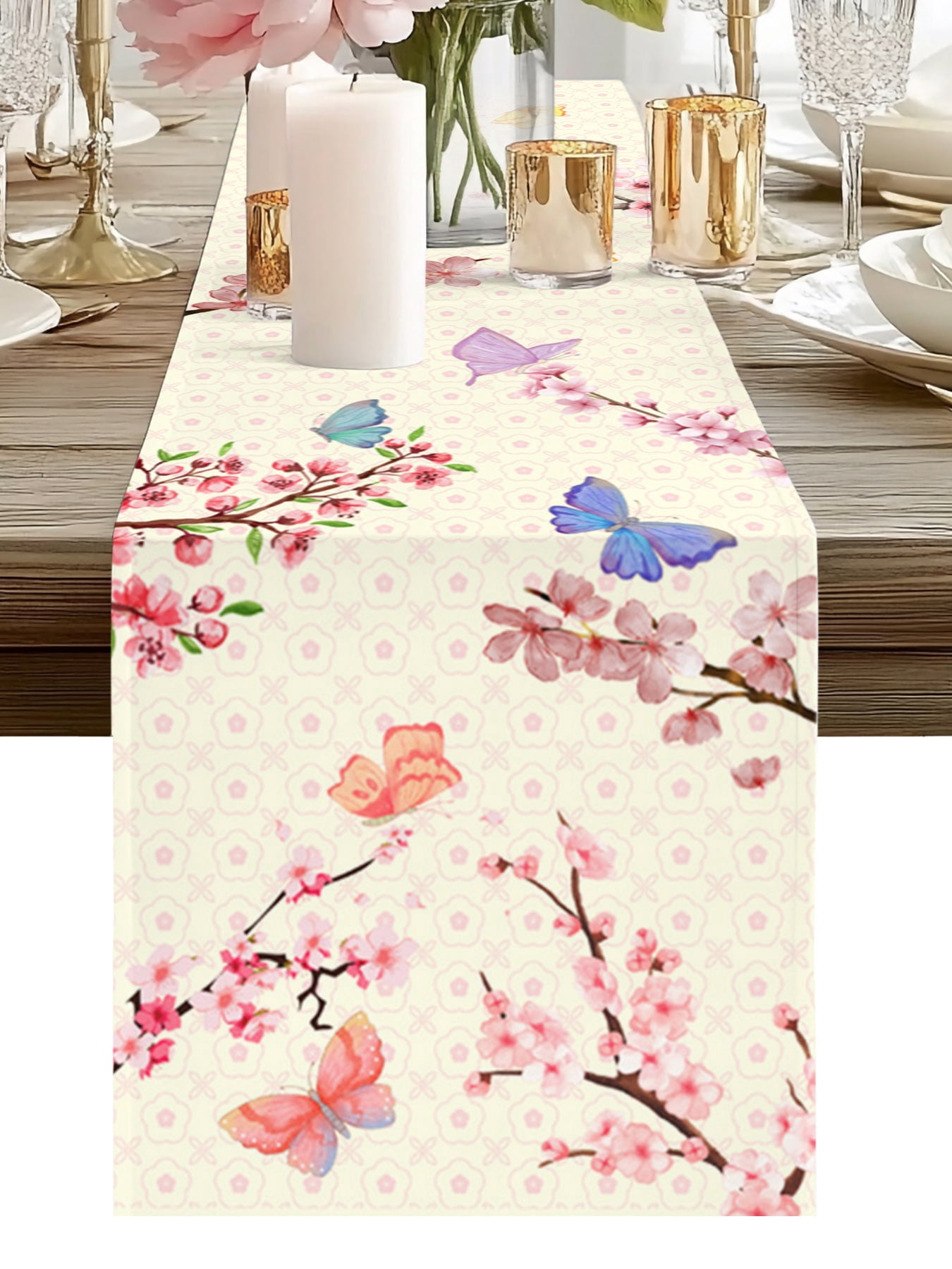 Burlap Table Runner 90 Inches Long, Pink Cherry Blossom Butterfly ...