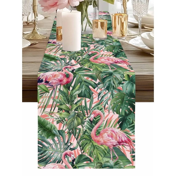 Burlap Table Runner 90 Inches Long, Pink Flamingo Green Leaf Non-Slip ...