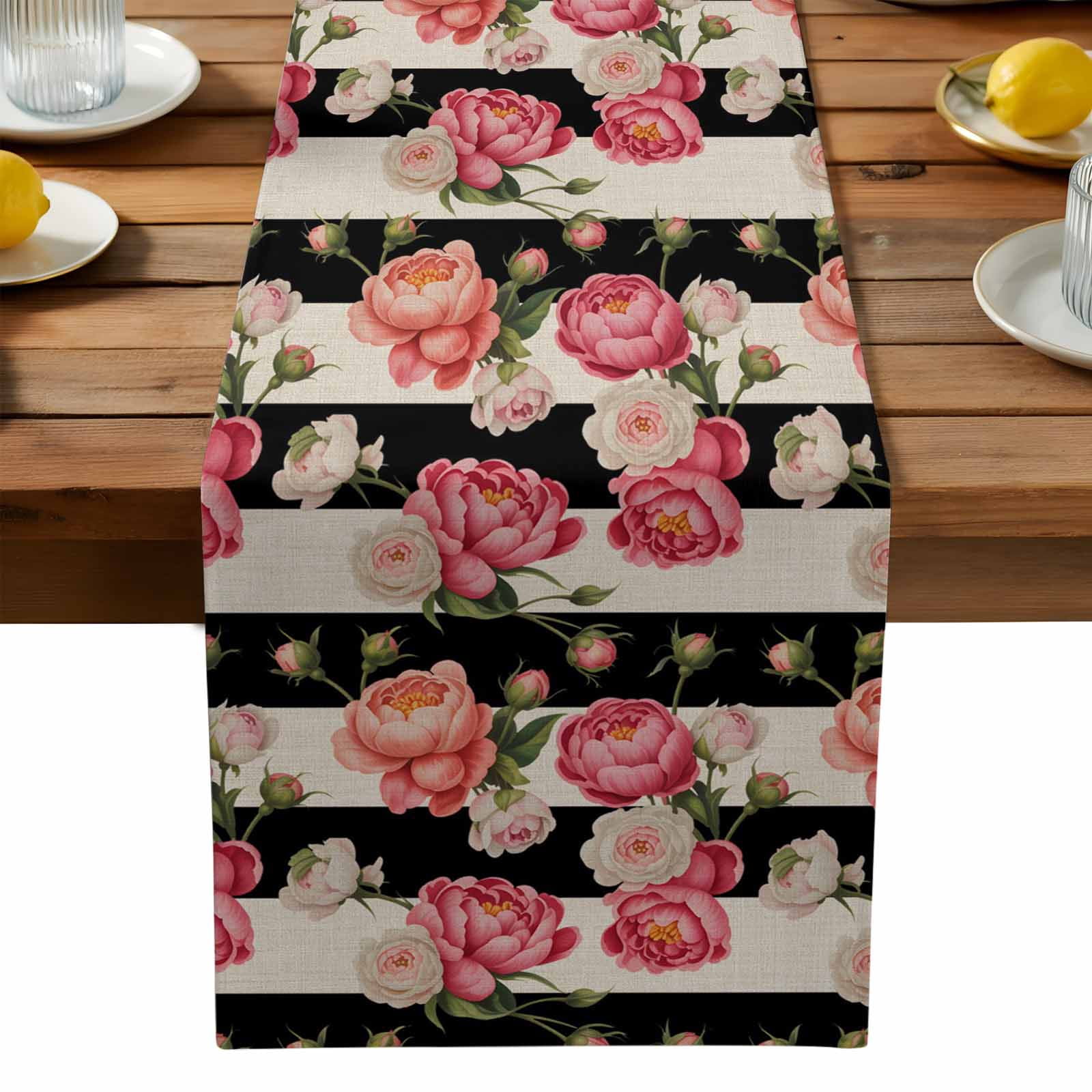 Burlap Table Runner 90 Inches Long, Pink Flower Peony Rose Retro Linen ...