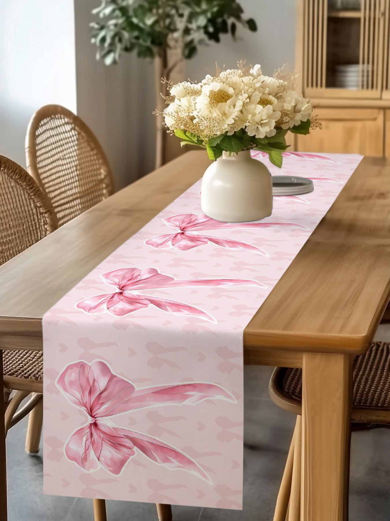 Burlap Table Runner 90 Inches Long, Pink Ribbon Bow Non-Slip Kitchen ...