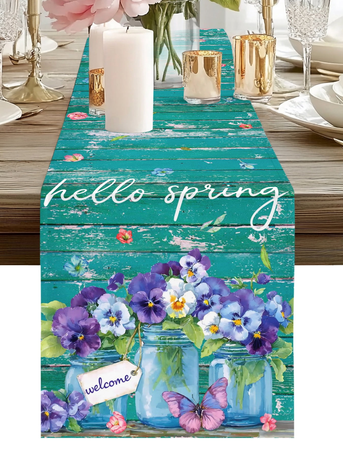Burlap Table Runner 90 Inches Long, Purple Flower Butterflies on Wood ...