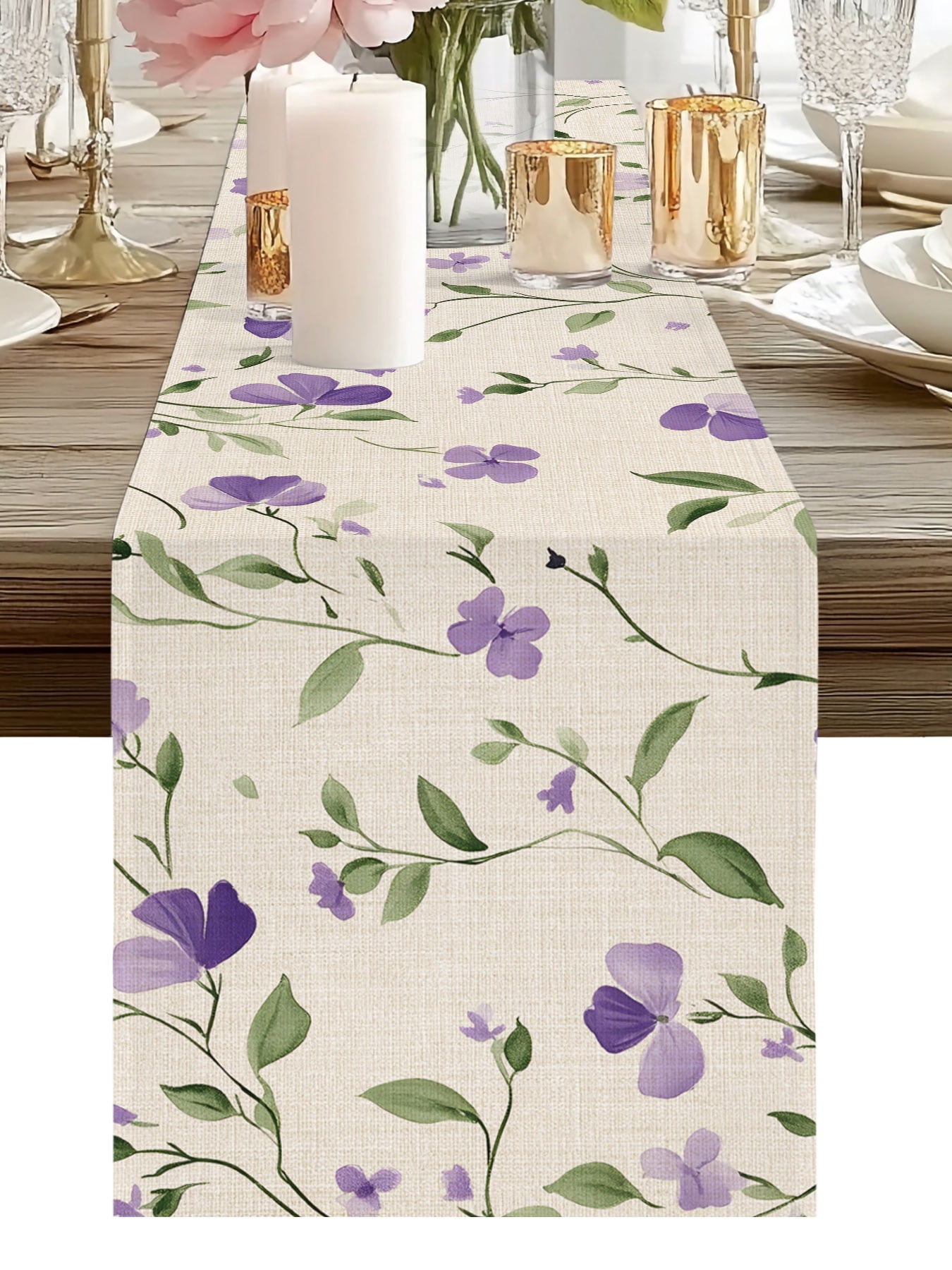 Burlap Table Runner 90 Inches Long, Purple Flower on Vintage Linen Non ...