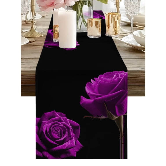 Burlap Table Runner 90 Inches Long, Purple Rose Blossom Floral Non-Slip ...