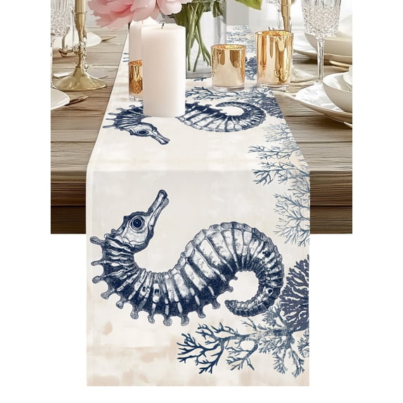 Burlap Table Runner 90 Inches Long, Retro Blue Seahorse Coral Ocean ...