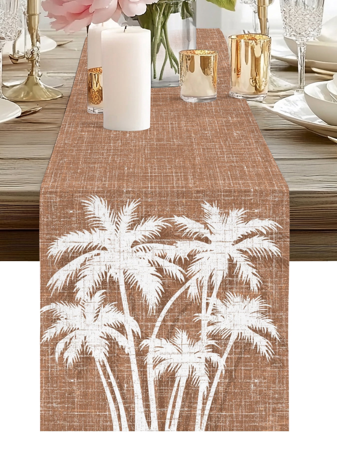 Burlap Table Runner 90 Inches Long, Retro Brown Palm Tree Non-Slip ...