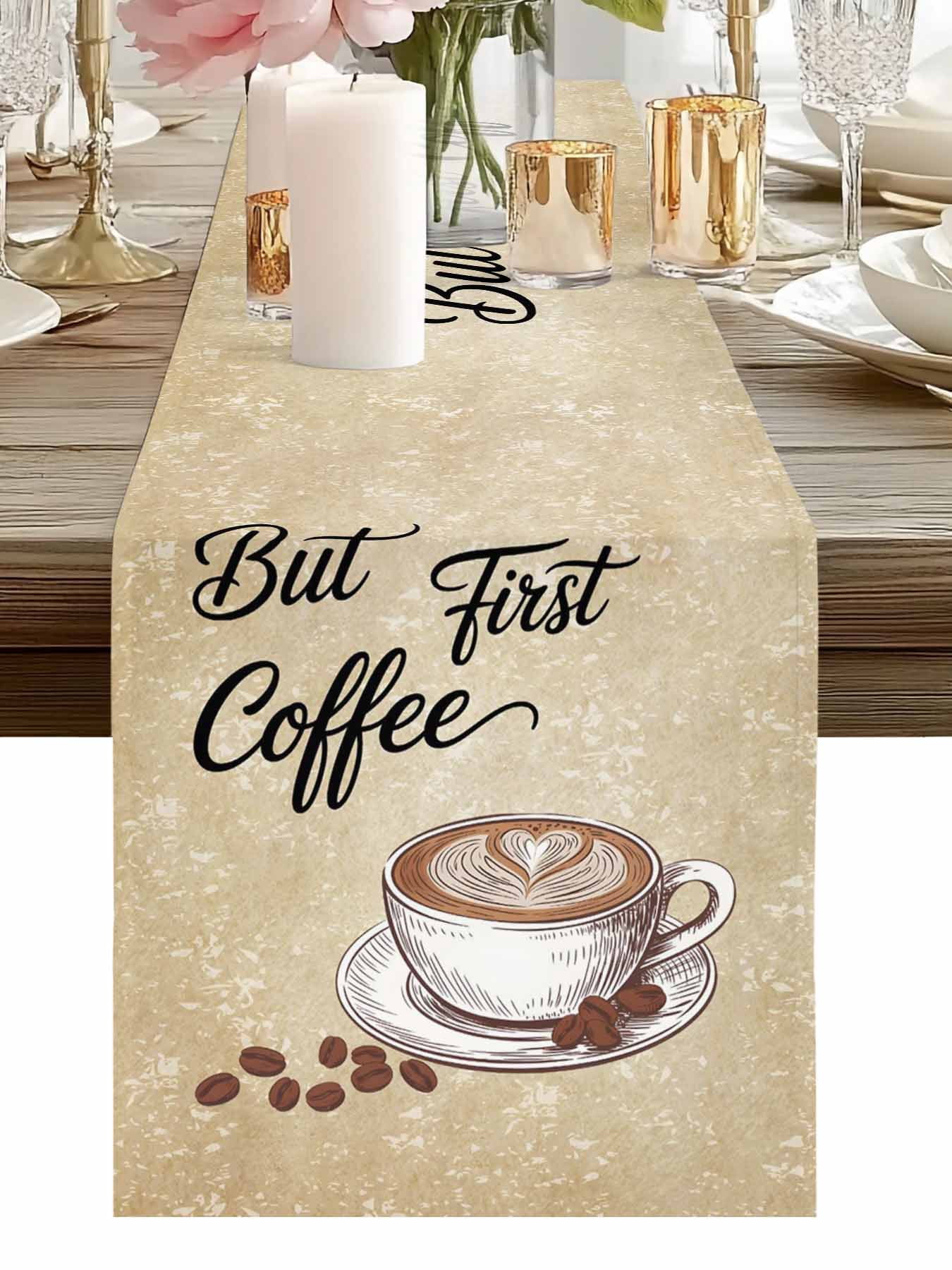 Burlap Table Runner 90 Inches Long, Retro Coffee Theme Non-Slip Kitchen ...
