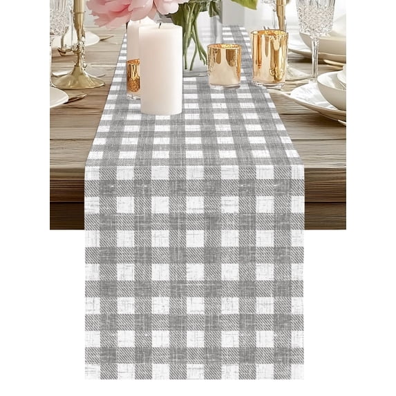 Burlap Table Runner 90 Inches Long, Retro Gray White Buffalo Plaid Non ...