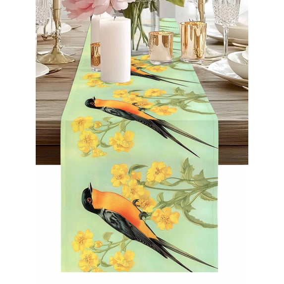 Burlap Table Runner 90 Inches Long, Retro Yellow Flower Cute Bird Non ...