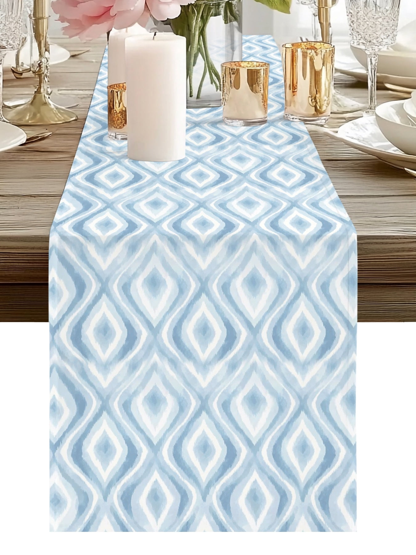 Burlap Table Runner 90 Inches Long, Rhombus Blue Water Ripple Non-Slip ...