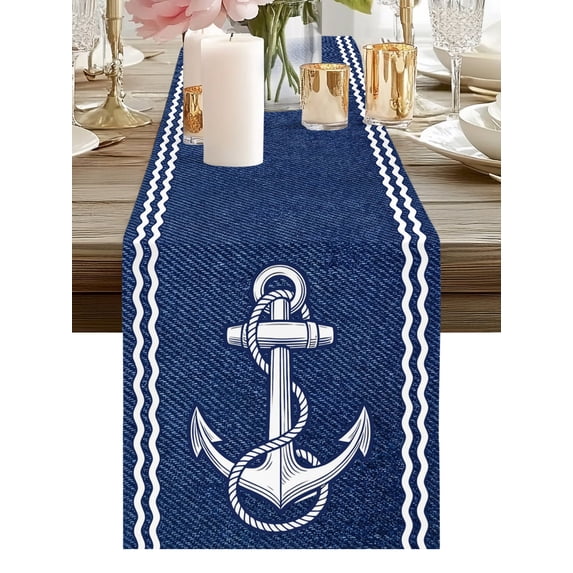 Burlap Table Runner 90 Inches Long, Rustic Midnight Blue Ship Anchor ...