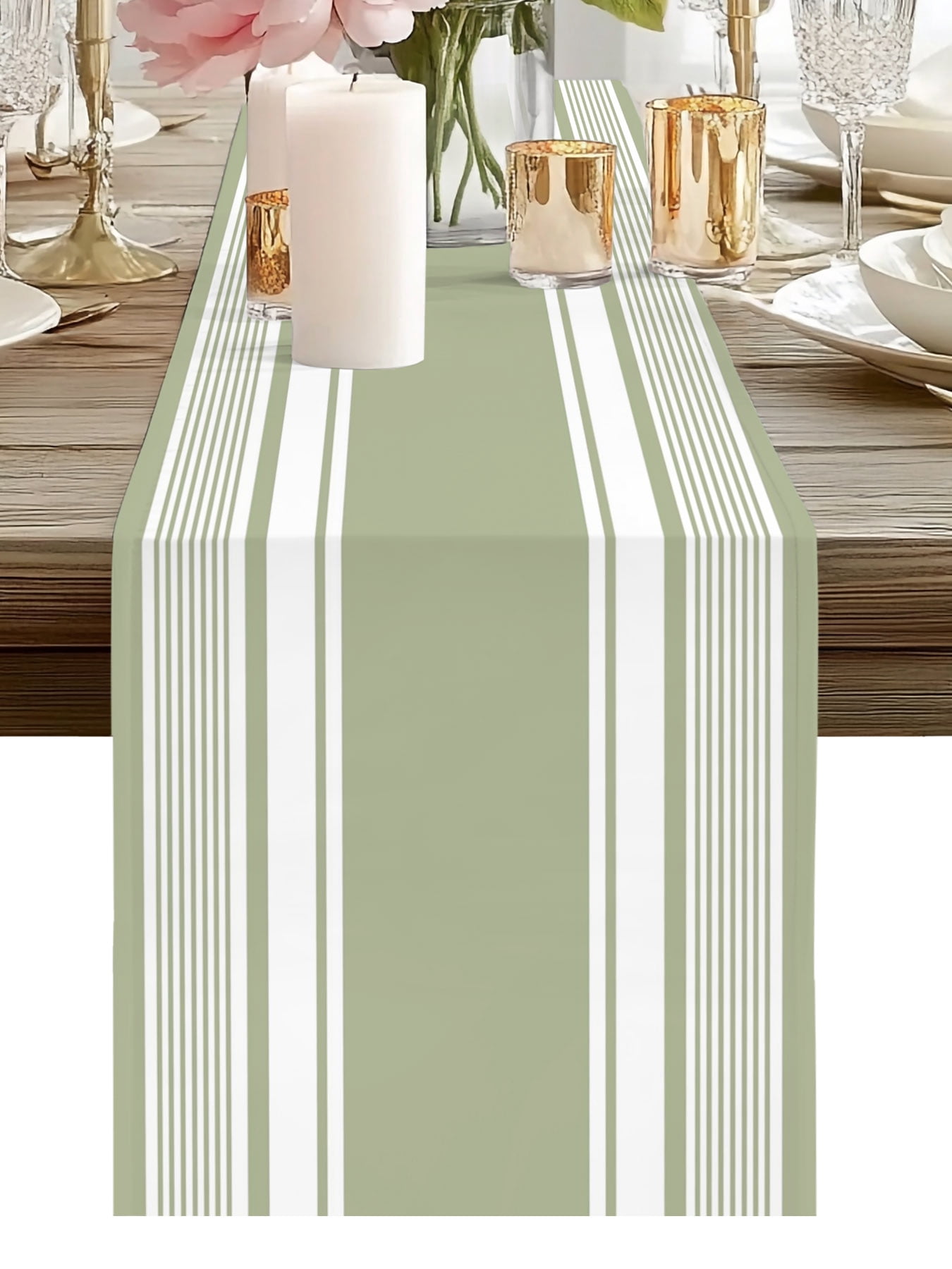 Burlap Table Runner 90 Inches Long, Sage Green Stripe Block Non-Slip ...