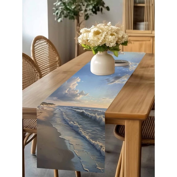 Burlap Table Runner 90 Inches Long, Seaside Scenery Landscape Water ...