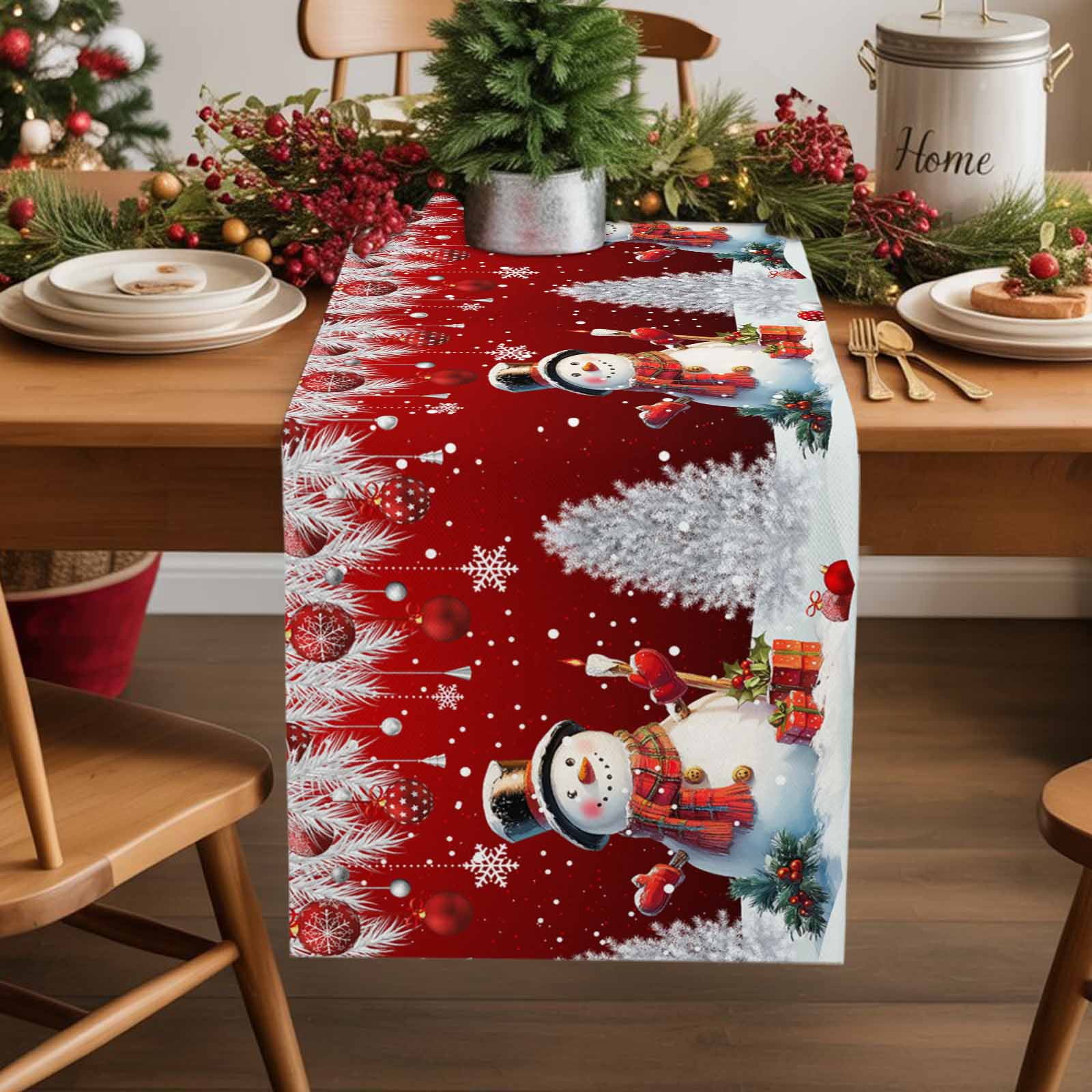 Burlap Table Runner 90 Inches Long,Snowman Christmas Tree Snowflake on ...