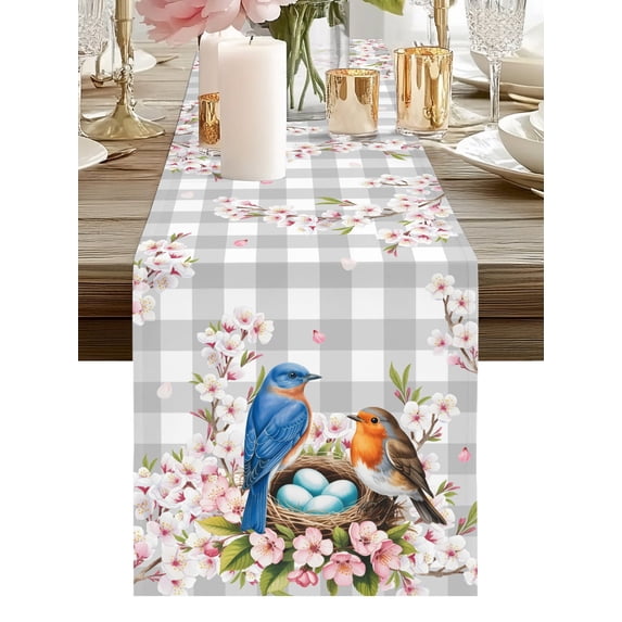 Burlap Table Runner 90 Inches Long, Spring Bird Nests Pink Flowers Non ...