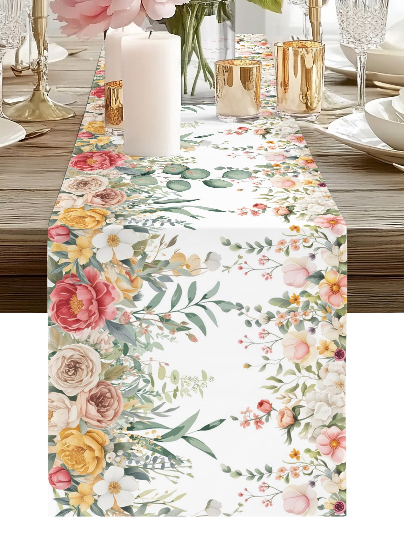 Burlap Table Runner 90 Inches Long, Spring Colorful Pastoral Flower Non ...