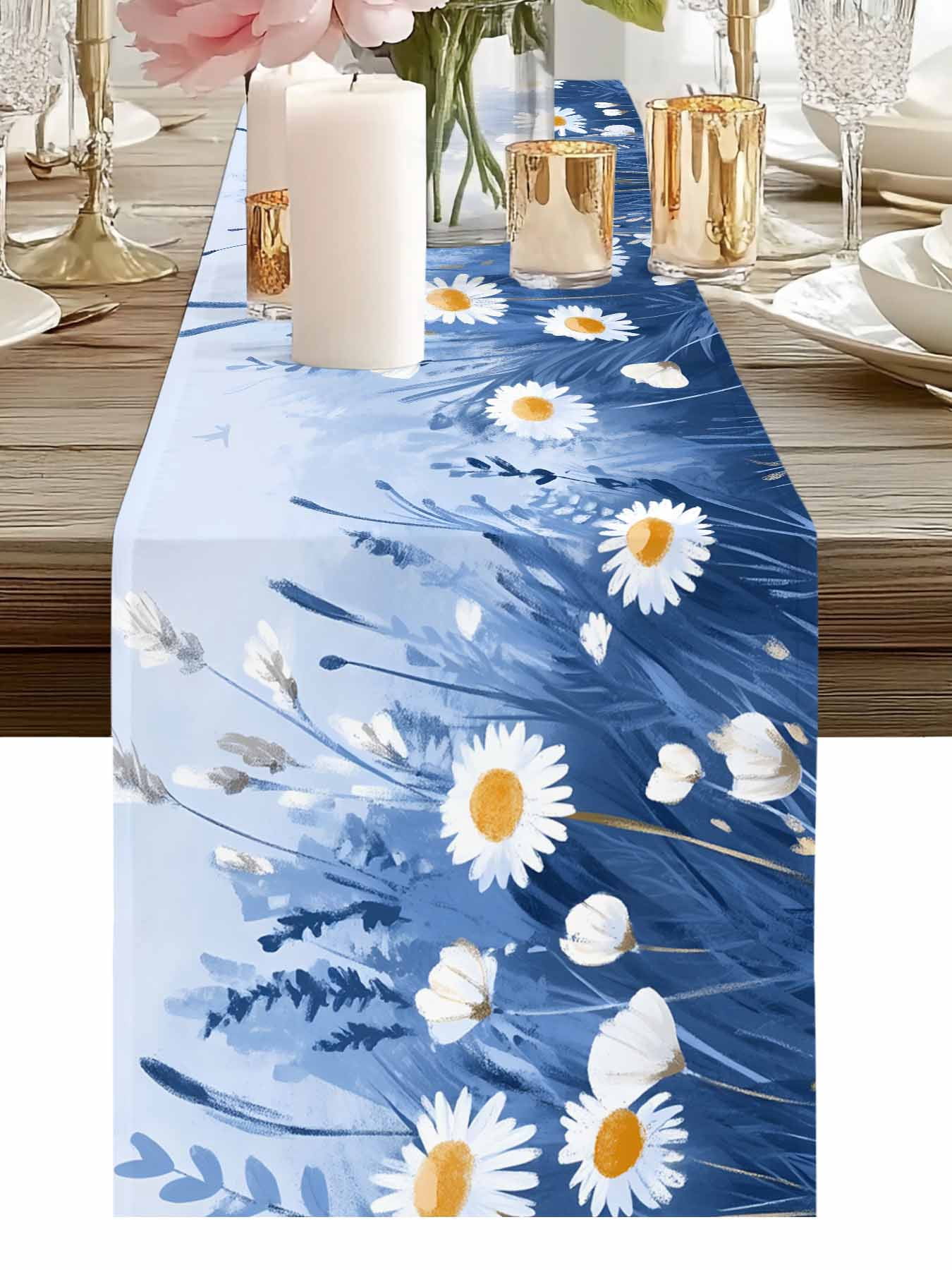 Burlap Table Runner 90 Inches Long, Spring Daisy Flower Blue Leaves Non ...