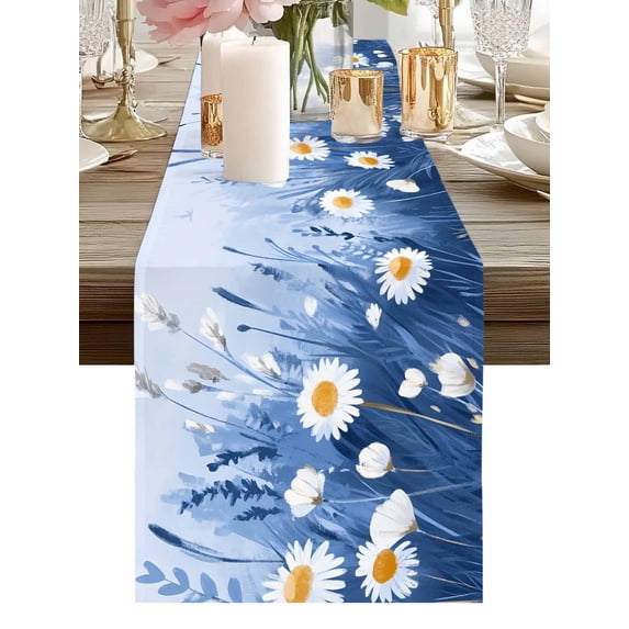 Burlap Table Runner 90 Inches Long, Spring Daisy Flower Blue Leaves Non ...