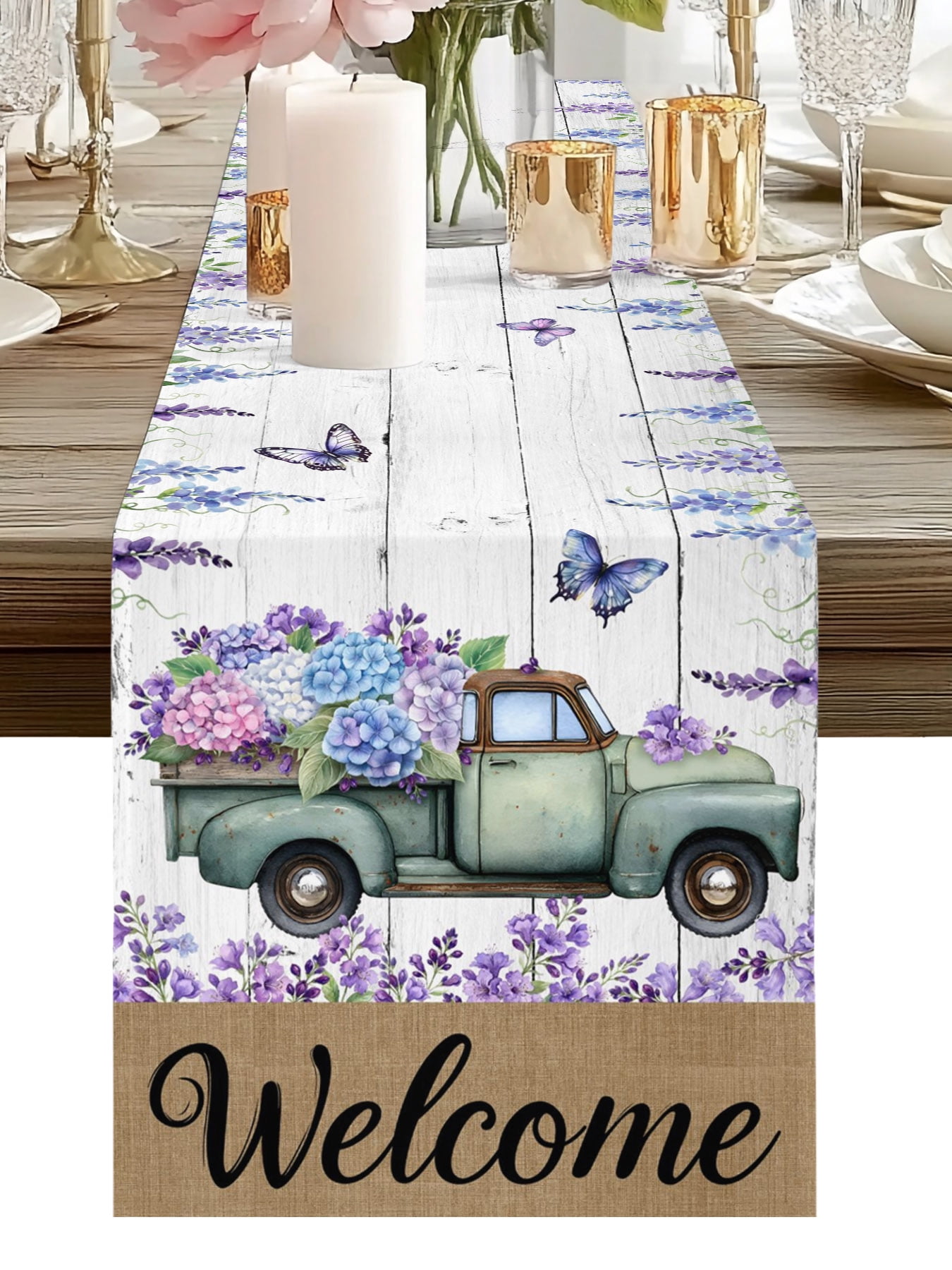 Burlap Table Runner 90 Inches Long, Spring Embroidered Balls on Trucks ...