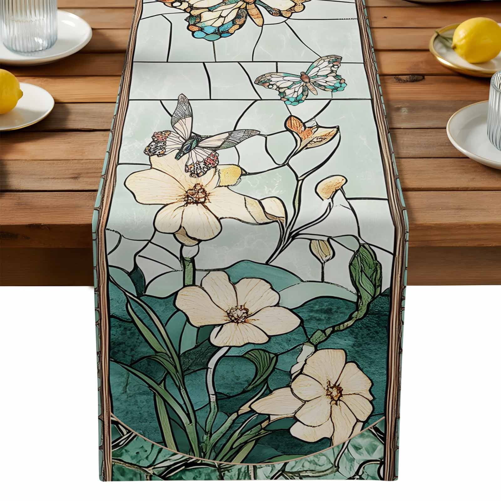 Burlap Table Runner 90 Inches Long,Spring Flower Colorful Butterfly Non ...