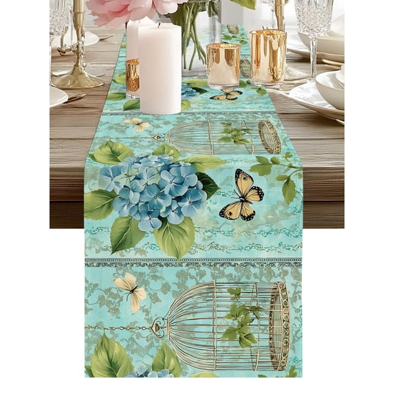 Burlap Table Runner 90 Inches Long, Spring Flower Green Leaves Birdcage ...