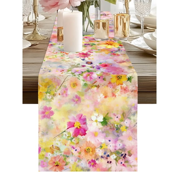 Burlap Table Runner 90 Inches Long, Spring Flower Leaves Oil Painting ...