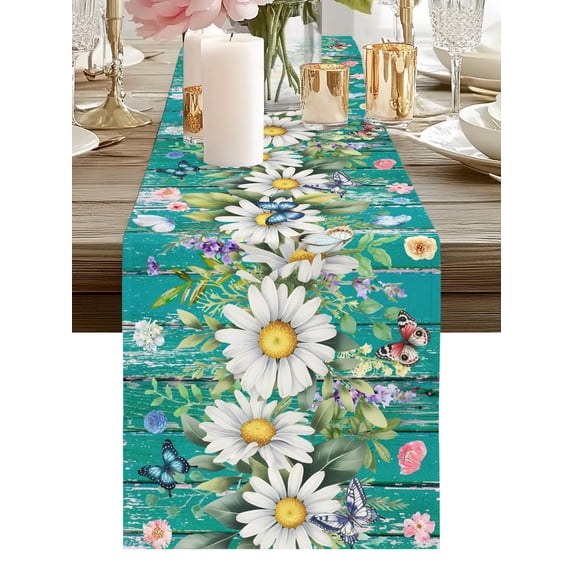 Burlap Table Runner 90 Inches Long, Spring Flowers Daisy Butterflies ...