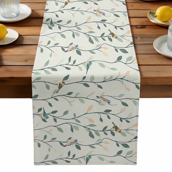 Burlap Table Runner 90 Inches Long,Spring Green Leaf Vine Bird Non-Slip ...