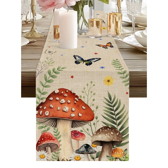 Burlap Table Runner 90 Inches Long, Spring Mushrooms Daisy Non-Slip ...