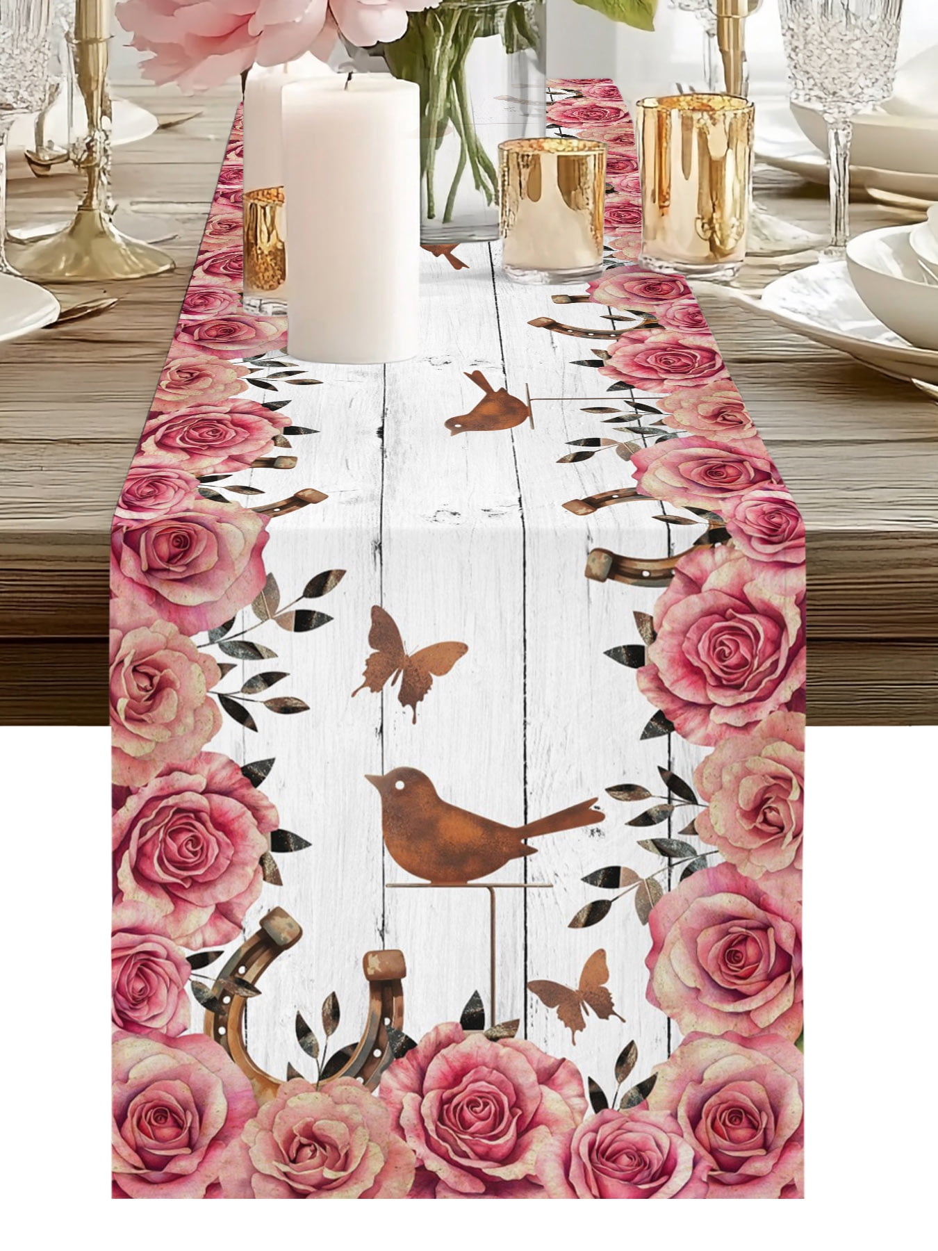 Burlap Table Runner 90 Inches Long, Spring Pink Rose Flower Birds ...
