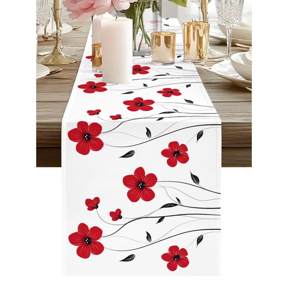 Burlap Table Runner 90 Inches Long, Spring Red Flower Abstract Floral ...